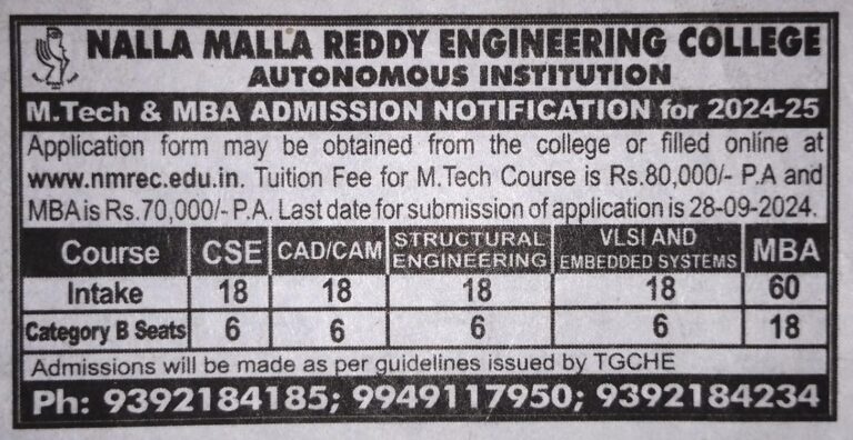 M.Tech Admissions 2024 – NALLA MALLA REDDY ENGINEERING COLLEGE